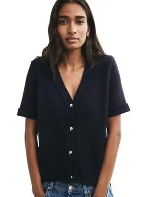 H&M H&M Short-Sleeved Knit Cardigan With V-Neck And Metal Buttons Navy Blue