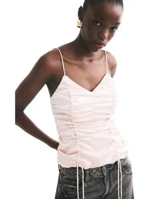 H&M Ruched Satin Top With V-neck And Drawstring Detail - Light Pink