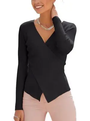 LASCANA LASCANA Ribbed Knit Overlapping V-Neck Sweater Bk