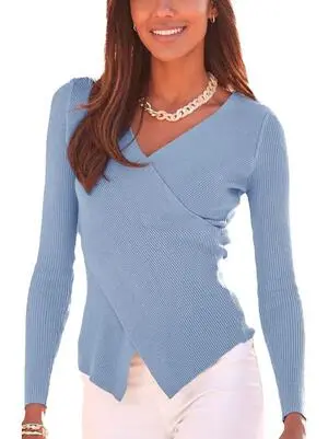 LASCANA LASCANA Ribbed Knit Overlapping V-Neck Sweater Light Blue