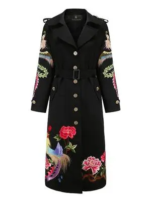 SKYLENCE Phoenix Heritage Embroidered Trench Coat - Black