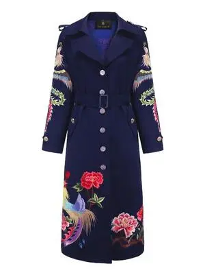 SKYLENCE Phoenix Heritage Embroidered Trench Coat - Navy