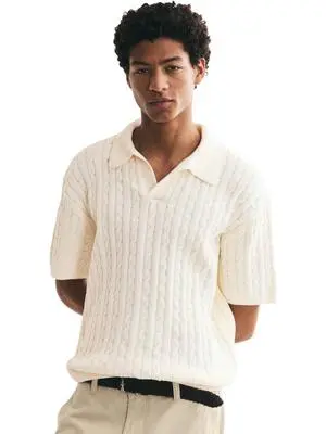 H&m Relaxed-fit Cable-knit Polo Shirt - Cream
