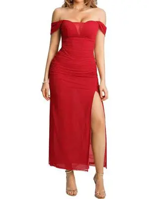 POPILUSH Sculpting Floral Off-the-Shoulder Midi Dress Ruby
