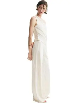 H&M Textured Cotton-blend Relaxed-fit Straight-leg Pants - Light Beige/striped