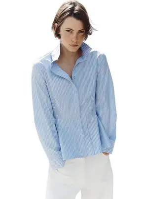 H&M Cotton Peplum Shirt - Light Blue/pinstriped