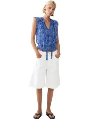 H&M Sleeveless Scarf-collar Blouse With Ruffle Detail - Blue/plaid
