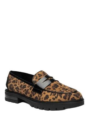 ARA Caladium Leopard Print Suede Loafers With Patent Penny Strap And Lug Sole - Brown