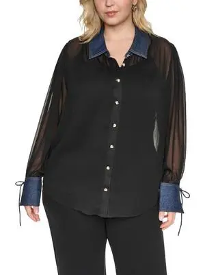 Karl Lagerfeld Paris Karl Lagerfeld Paris Crinkle Chiffon Shirt With Denim Trim Black