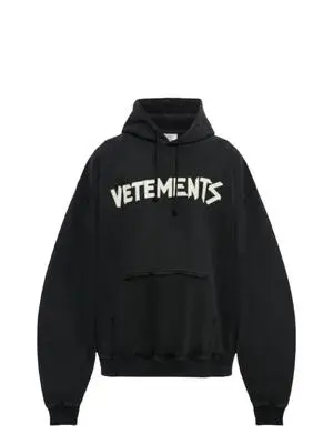 Vetements Logo Print Frayed Hoodie - Black