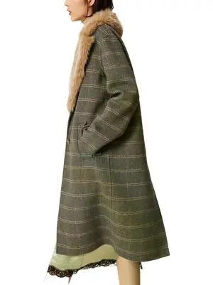 TWINSET Double Wool Checked Coat With Faux Fur Collar - Grey