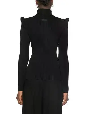 Elisabetta Franchi Ribbed Knit Turtleneck Sweater With Padded Shoulders - Black
