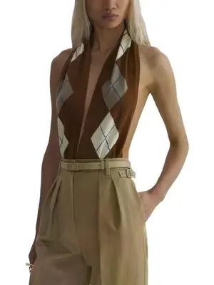 MUGLER Cashmere Argyle Halterneck Bodysuit - Brown