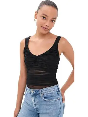 Alice + Olivia Renee Sheer Ruched V-neck Bodysuit - Black