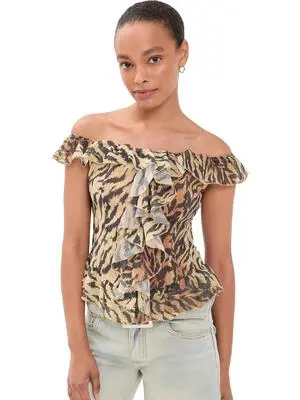 Lioness Off-shoulder Ruffle Print Top - Tiger