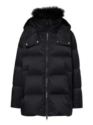 YVES SALOMON Hooded Padded Down Jacket With Calf Hair Trim - Black
