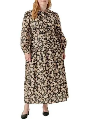 English Factory Floral Print Cotton Midi Dress With Belt - Navy/green