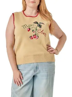 English Factory Strawberry Embroidered Knit Vest - Beige/red Multi