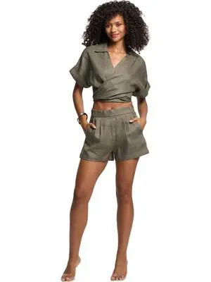 JBQ Mia Short Linen High-rise Relaxed Fit Pleated Shorts - Moss