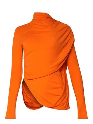 MUGLER Asymmetrical Draped High Neck Long Sleeve Top - Orange