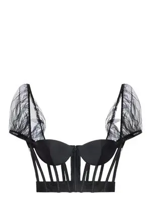 Elisabetta Franchi Mesh And Gazar Bustier Top With Puff Sleeves - Black