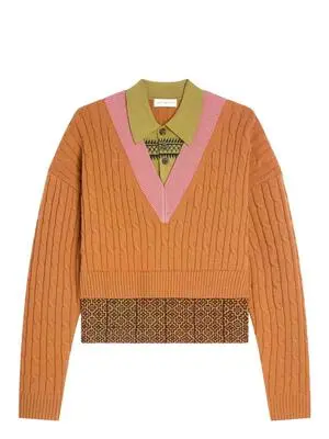 Dries Van Noten Layered Wool Blend V-neck Sweater With Polo Collar - Orange