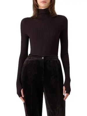 Akris Cashmere & Silk Ribbed Funnel Neck Sweater - Coffee