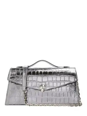 Alexander McQueen Croc Embossed Metallic Leather Skull Top Handle Bag With Chain Strap - Cloud