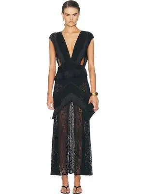 PatBO Ayla Fringe Plunge Maxi Dress - Black