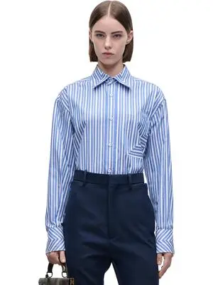 Victoria Beckham Striped Cotton Shirt With Pocket Detail - Blue