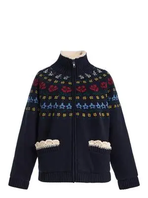 Sea Preston Sherpa-lined Floral Knit Jacket - Navy
