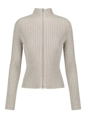 AMOMENTO Ribbed High Neck Zip Up Knit - Tan