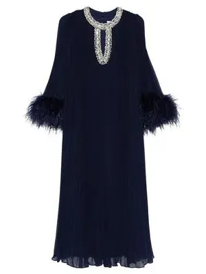 SELF-PORTRAIT Pleated Chiffon Midi Dress With Rhinestone Neckline And Feather Cuffs - Blu