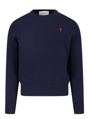 AMI Paris Embroidered 100% Merino Wool Sweater - Blue