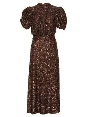 ROTATE BY BIRGER CHRISTENSEN Sequined Midi Dress With Short Sleeves - Marrone
