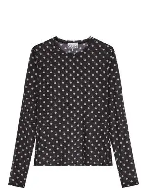 GANNI Polka Dot Sheer Round Neck Long Sleeve Top - Nero