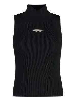 DIESEL® Ribbed Tank Top With Oval Metal Detail - Black