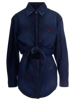 DIESEL® Blue Denim Shirt Dress With Tie Detail - Blu