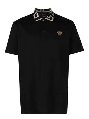 Versace Greek Embroidered Medusa Logo Polo Shirt With Short Sleeves And Pointed Collar - Nero