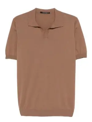 Tagliatore Polo Collar Split Neck Short-sleeve T-shirt With Ribbed Cuffs And Hem - Marrone