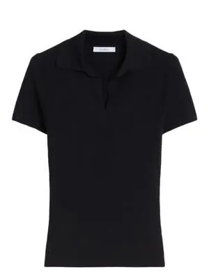 Max Mara MAX MARA Slim Fit Virgin Wool Open Polo Collar Top Blu