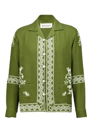BAZISZT Embroidered Cotton Camp-collar Shirt With Button Front & Patch Pockets - Verde