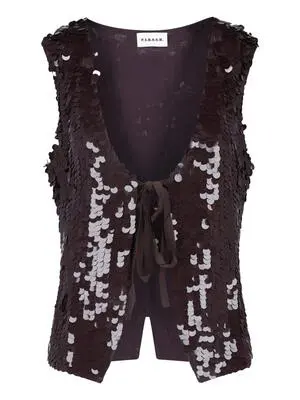 PAROSH Sleeveless Sequined V-neck Vest - Brown