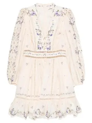 ZIMMERMANN ZIMMERMANN Deep V-Neckline Rouleau Button Linen Mini Dress With Scalloped Trim