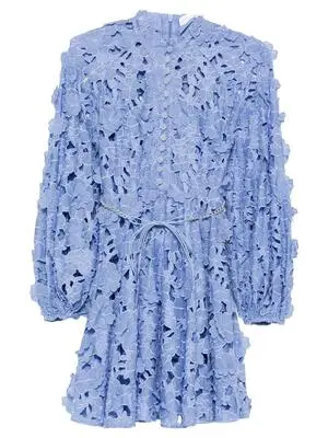 Zimmermann Embroidered Cotton Dress With Raglan Sleeves, Button Front & Removable Tassel Belt - Azzurro