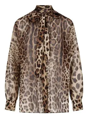 Dolce & Gabbana Leopard Print Silk Blend Blouse With Pussy Bow - Brown