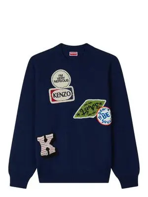 Kenzo Embroidered Crochet-patch Crewneck Sweater - Blu