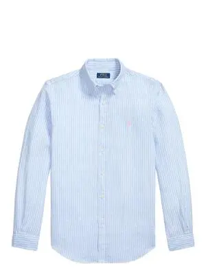 Polo Ralph Lauren Striped Linen Custom-fit Shirt With Embroidered Logo - Azzurro