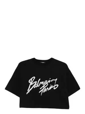 Balmain Cropped T-shirt With Front Logo - Nero