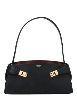 FERRAGAMO Italian Calf Leather Shoulder Bag With Gold Tone Hardware - Black